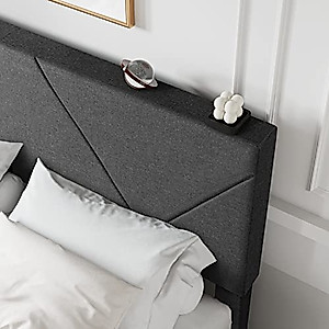 SHA CERLIN King Size Upholstered Bed Frame with Geometric Headboard, Heavy-Duty Platform Bed Frame with Wood Slats Support, Mattress Foundation, No Box Spring Needed, Easy Assembly, Dark Grey