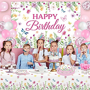 212 Pack Spring Wildflower Birthday Party Decorations Floral Tableware Plates Balloons Backdrop Set Wildflower Dinnerware Party Favor for Birthday Bridal Garden Tea Party Serves 20