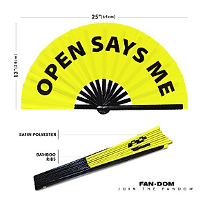 Open Says Me hand fan foldable bamboo circuit hand fan funny gag slang words expressions statement gifts Festival accessories Rave handheld Circuit event fan Clack fans (Yellow)