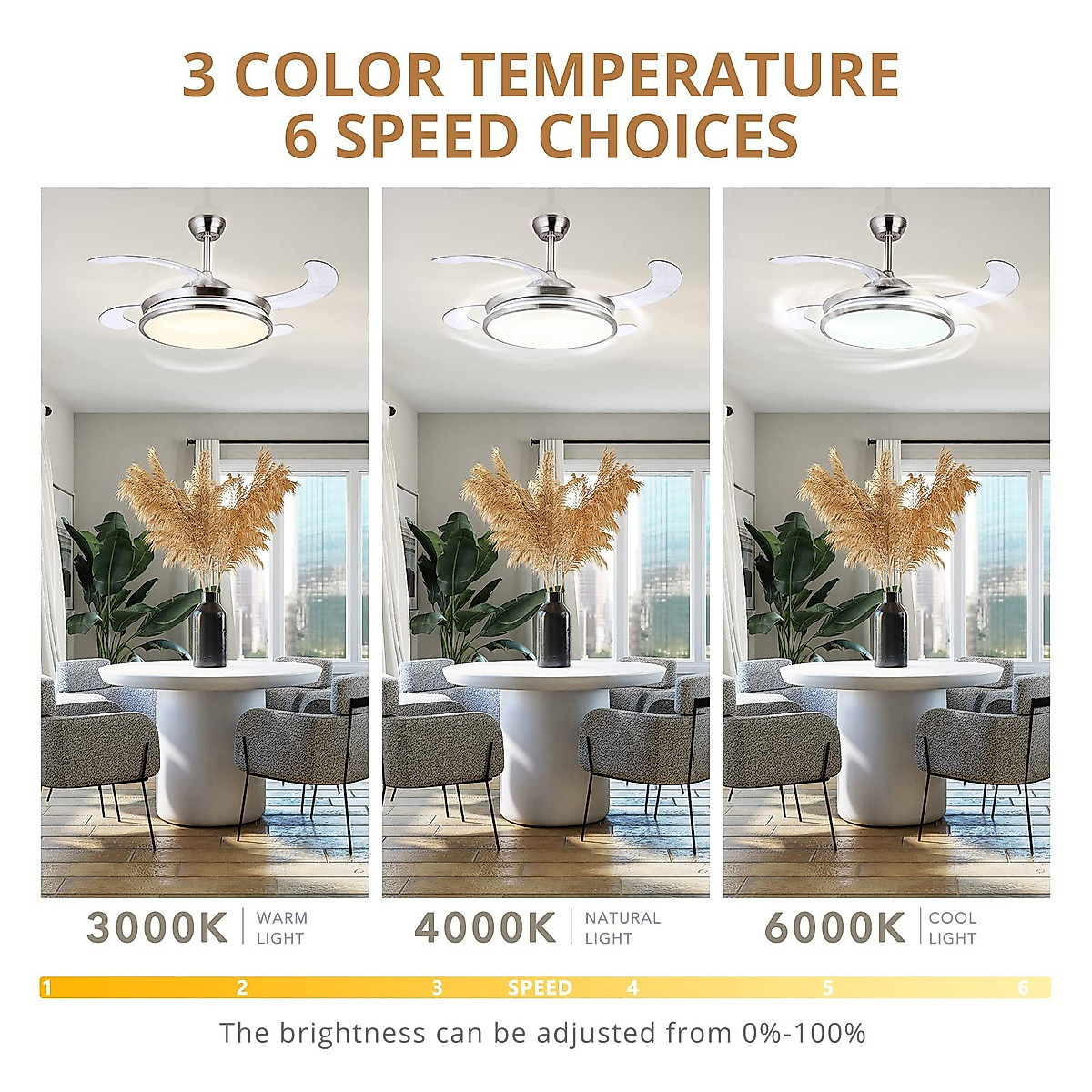 STERREN Retractable Ceiling Fans with Lights,42 Inch Modern Low Profile Bladeless LED Ceiling Fan Lights with Remote Control Smart Brushed Nickel Ceiling Fan for Bedroom Living Room