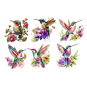 6 Piece 6"x6" Hummingbirds Fabric Panel Squares - Quilting Panel Blocks