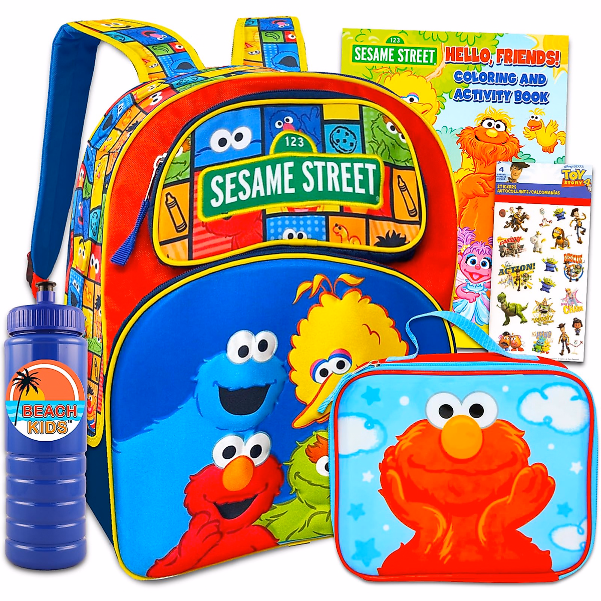 Sesame Street Kids Elmo Backpack With Lunch Box ~ 6 Pc Bundle With 16 Elmo School Bag For Boys, Girls, Kids, Elmo Lunch Box, Cars Water Pouch, And More (Elmo School Supplies)