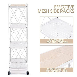 TOOLF 4-Tier Foldable Shelving Unit, Freestanding Metal Storage Shelf with MDF Tabletop, No Assembly Storage Shelves with Wheels for Garage Kitchen Bakers Closet Pantry, Heavy Duty Shelving