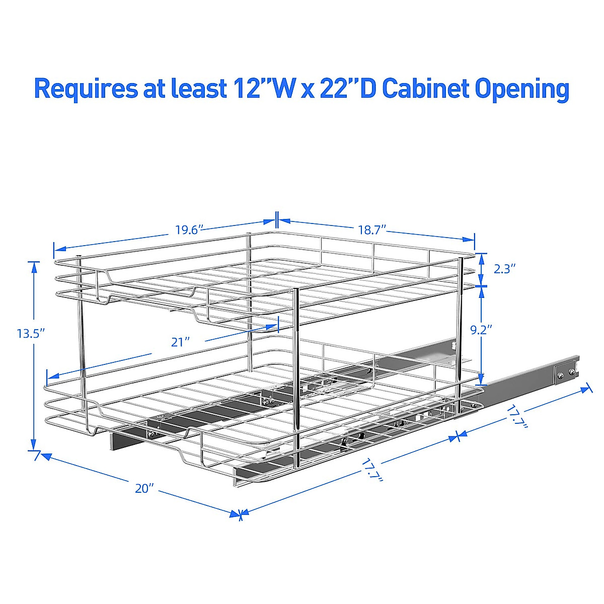 Lxmons 2 Tier Pull-out Cabinet Organizer, 20" W x 21" D Kitchen Under Sink Organizer, Slide Out Home Spice Rack Storage for Pots and Cans, Drawer Pantry Shelf Organization for Bathroom Base, Chrome