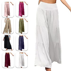Women's Casual Pants Elastic High Waist Wide Leg Loose Summer Solid Color Splicing Sweatpants Yoga Running Sports(S-White)