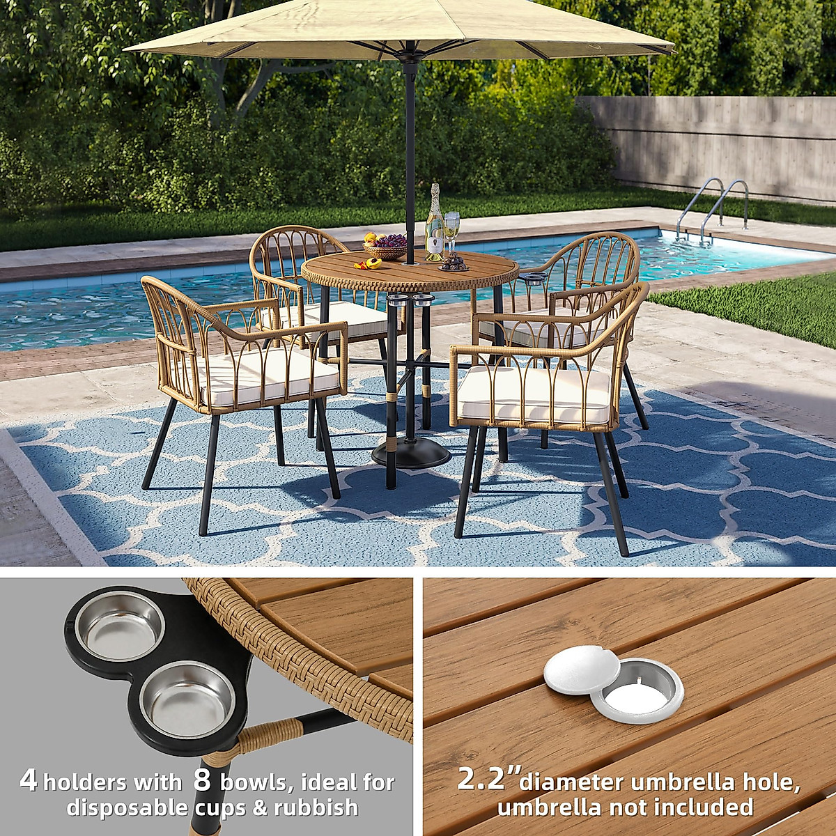 YITAHOME 5 Pieces Patio Dining Table Chair Set, Outdoor Table and Chairs with 4 Holders, Patio Furniture Set with Umbrella Hole, Outdoor Rattan Dining Table Set for Patio, Backyard, Balcony, Garden