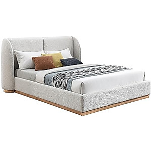 Meridian Furniture JardinCream-F Jardin Collection Art Deco Full Bed with Rich Cream Boucle Fabric, Solid Wood Base, Rounded Wing Back Bed, 60" W x 85" D x 40.25" H, Cream, Full