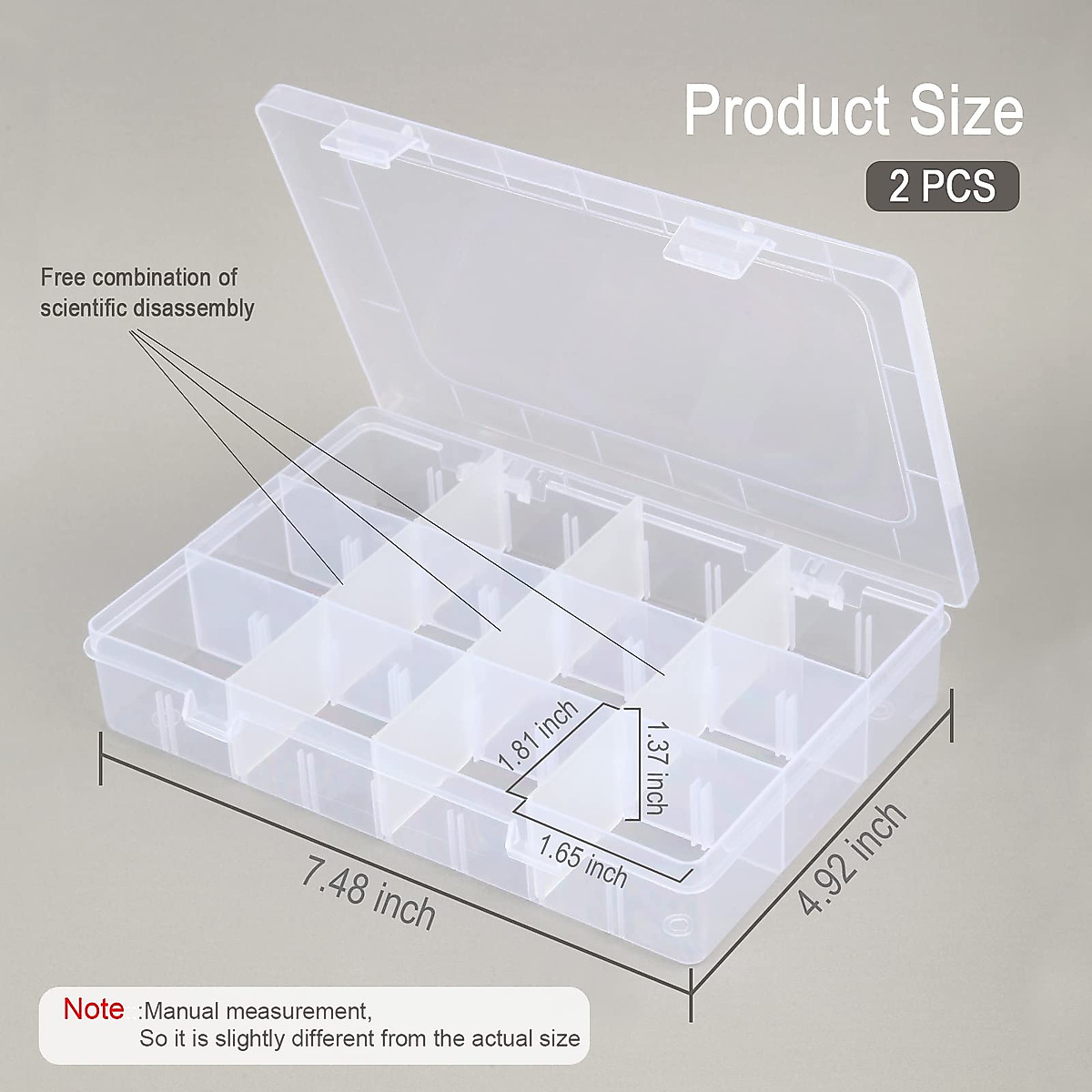 FICJEAD 2Pack 12 Grids Craft Organizers and Storage Bead Organizer Tackle Box Organizer with Adjustable Divider, Plastic, Clear