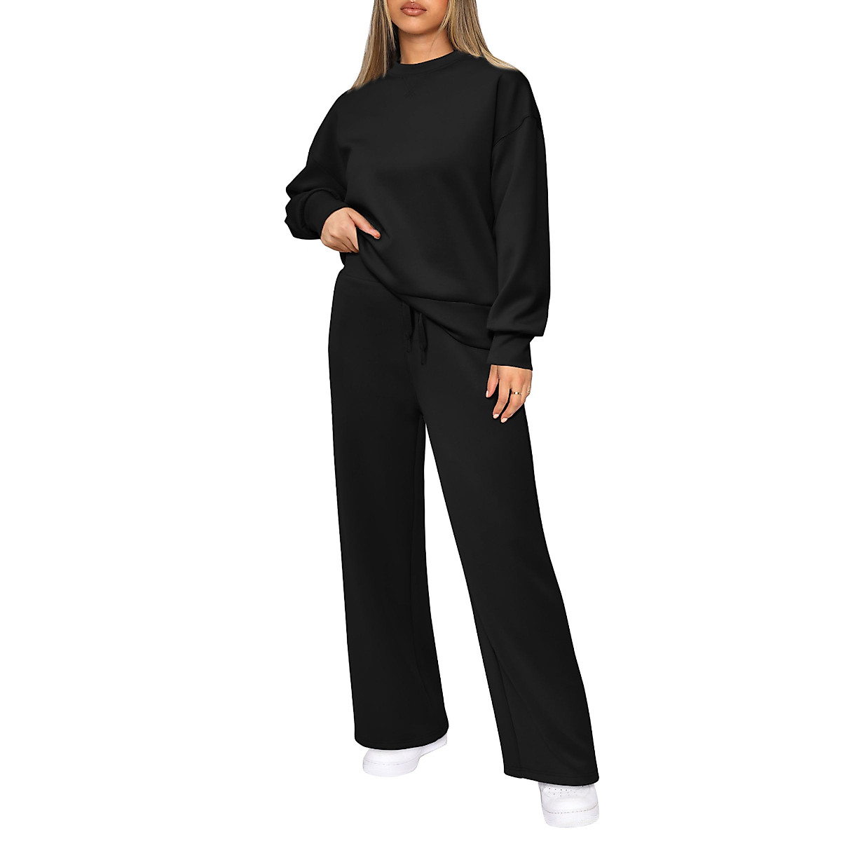 PRETTYGARDEN Women's 2 Piece Outfits Tracksuit Long Sleeve Pullover Tops And Long Pants Jogger Sets Sweatsuits (Black,Large)