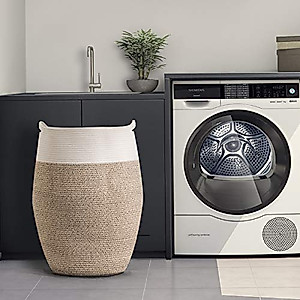Cotton Rope Laundry Hamper by YOUDENOVA, 105L - Woven Collapsible Laundry Basket - Clothes Storage Basket for Blankets, Laundry Room Organizing, Bedroom Storage, Clothes Hamper – Brown & White