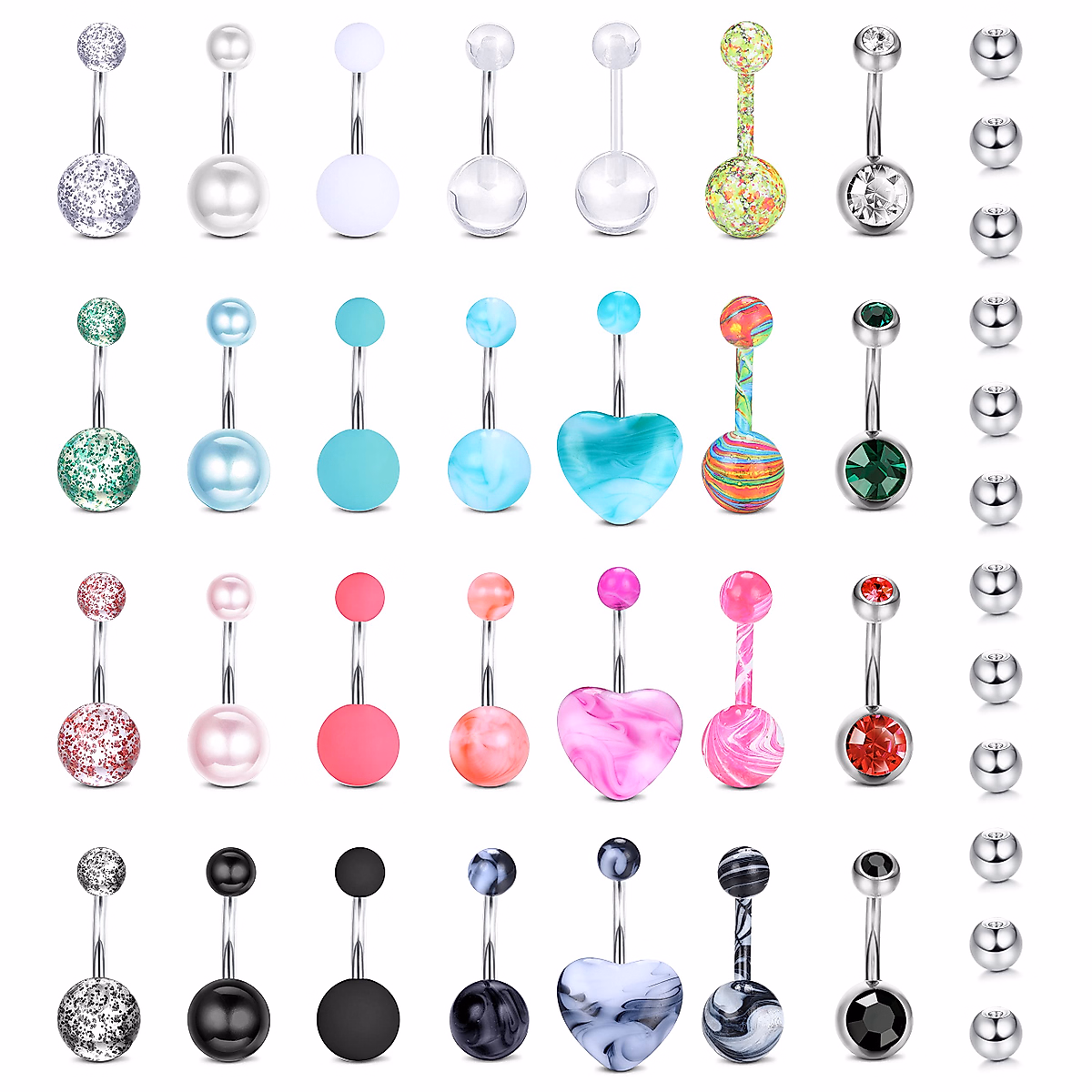Besteel 28Pcs 14G Belly Button Rings Surgical Steel CZ Belly Rings for Women Colorful Belly Piercings Screw Navel Barbells Body Piercing Jewelry