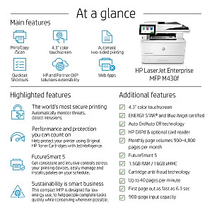 HP Laserjet Enterprise MFP M430f All-in-One Wired Monochrome Laser Printer, White - Print Scan Copy Fax - 4.3" LCD, 40 ppm, Auto Duplex Printing, 50-Sheet ADF, Ethernet, Cbmou Printer_Cable