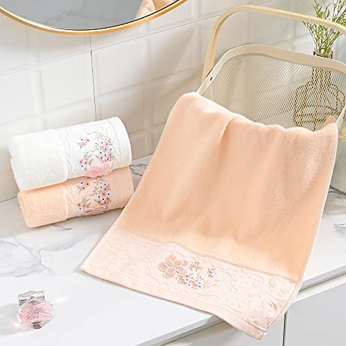 YiLUOMO Beige Hand Towels Stereoscopic Flower Embroidered Bathroom Hand Towel Super Soft 100% Terry Cotton Highly Absorbent Decorative for Home Bathroom(13 x 29 Inch, 2 Pieces)