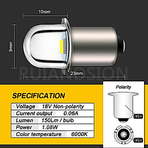 Ruiandsion Upgrade LED Flashlight Bulb 18V P13.5S Base Socket White LED Bulbs Replacement for Flashlight Torch Lights,Non-Polarity (Pack of 5)