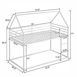 Harper & Bright Designs Twin Over Twin House Bunk Bed with Built-in Ladder, Metal Low Bunk Bed for Kids Girls Boys - White