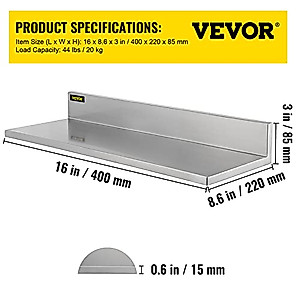 VEVOR Stainless Steel Wall Shelf, 8.6'' x 16'', Max. 44 lbs Load Capacity Heavy-Duty Commercial Wall-Mounted Shelving w/Backsplash for Restaurant, Home, Kitchen, Hotel, Bar, Laundry Room (2 Packs)