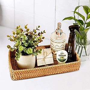 Real Handwoven Rattan Tray with Handmade Wooden Beads Garland, Decorative Tray, Coffee Table Tray or Bathroom Tray, Ottoman Tray Ideal for Home Decoration, Rectangular Serving Tray, Wicker Tray