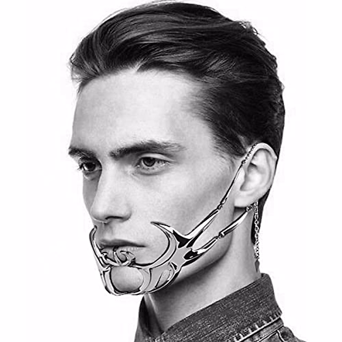 Sirytova Cyber Punk Half Face Mask For Women Men Luxury Irregular Jewelry Futuristic Face Chain Cyborg Earring Silver Accessories(Silver-2)