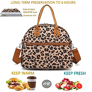 FlowFly Insulated Lunch Bag With Shoulder Strap for Women, Men, and Kids, Large and Reusable, Handle, Freezable Work and School Travel Tote and Meal Prep Organizer,Leapard
