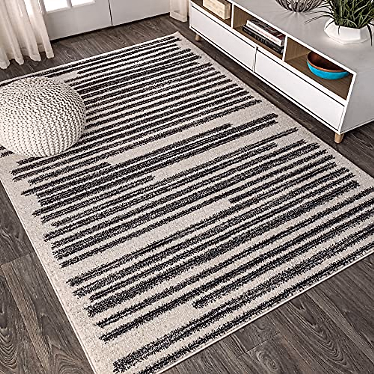JONATHAN Y MOH207A-4 Khalil Modern Berber Stripe Indoor Farmhouse Area -Rug Bohemian Minimalistic Striped Easy -Cleaning Bedroom Kitchen Living Room Non Shedding, 4 X 6, Cream,Black