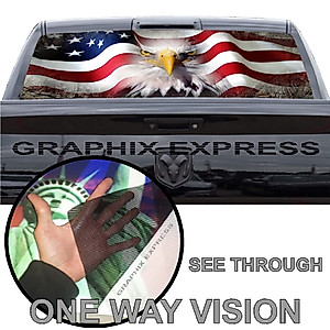 GRAPHIX EXPRESS Truck Back Window Graphics - Bald Eagle American Flag Decal (P534) - USA Flag with Eagle - Universal See Through Rear Window Vinyl Wrap - Full Window Decals for Trucks
