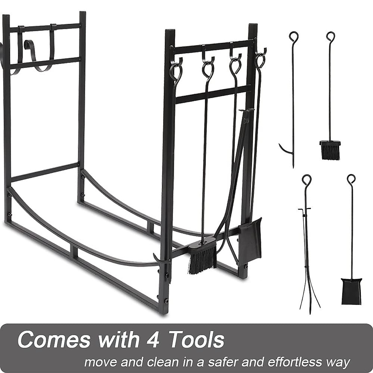 Yorovent 3FT Heavy Duty Firewood Rack,Log Storage Stand Rack With Fireplace Tool Set Removable Kindling Holder,Shovel,Poker, Tongs, Brush,Anti-Rust And All Weather Resistant,For Indoor Outdoor Black