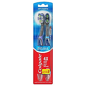 Colgate 360 Floss Tip Battery Powered Toothbrush, Sonic Toothbrush With Soft Bristles, Tongue Cleaner Helps Remove Bacteria, Great for Travel, Includes 1 AAA Battery Total, 2 Pack