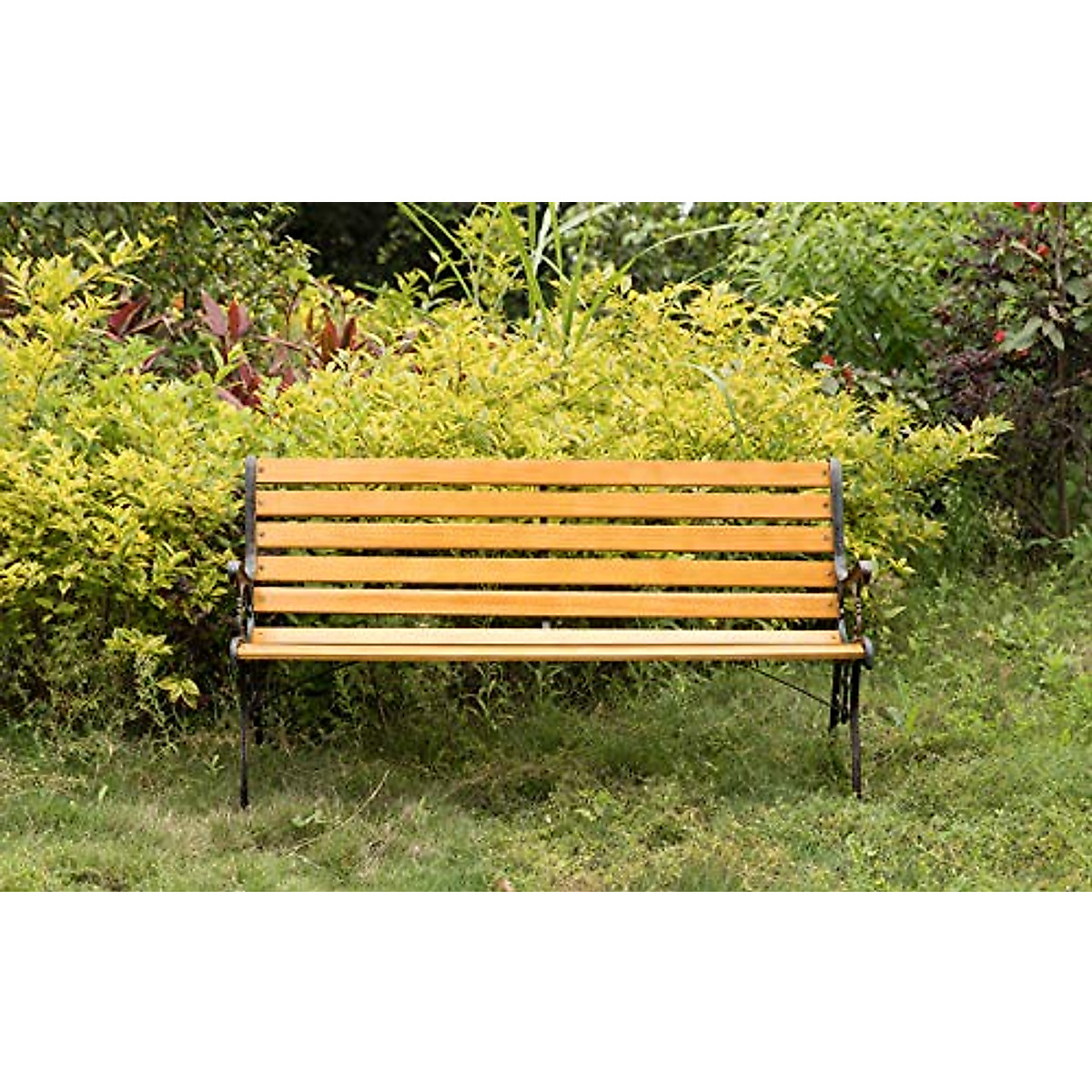 Gardenised Wooden Outdoor Park Patio Garden Yard Bench with Designed Steel Armrest and Legs, Black