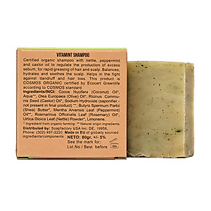 SoapFactory Organic Solid Shampoo Bar with Rosemary Oil, Hair Soap for a healthy Scalp, 100% Natural Certified, Vegan, Handmade, Plastic free, 3 ounce