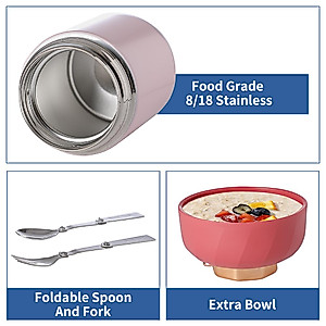 Avovy Thermos for Hot Food - 22 Oz Insulated Food Jar, Insulated Lunch Container with Bowl, Foldable Spoon& Fork, Powerful Insulated Food Thermos for School Office Camping Travel (Pink)