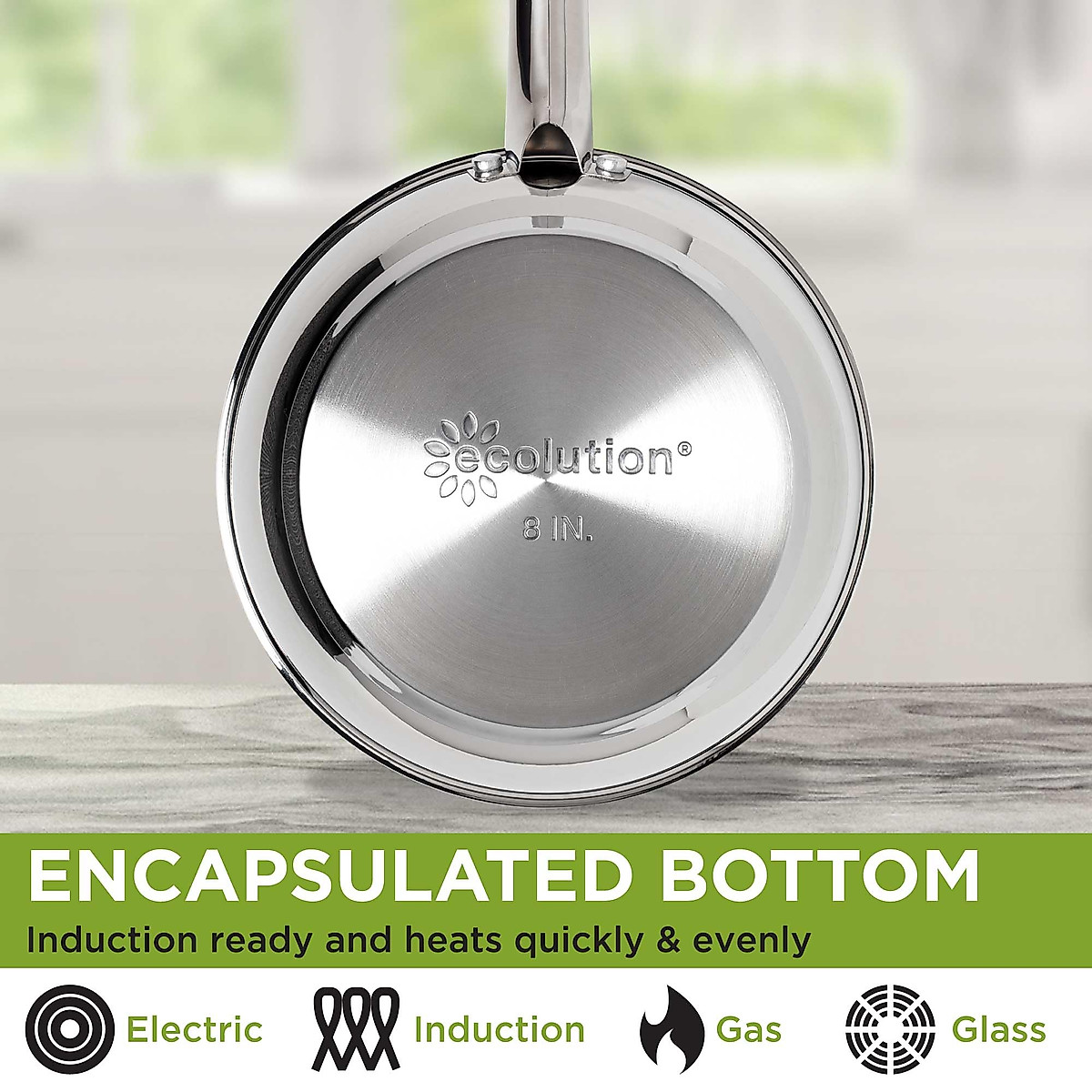 Ecolution Classic Stainless Steel Fry Pan, Professional Quality Sauté, Encapsulated Base, Comfort Grip Riveted Handles, All Cooktop Safe, Oven Safe, Dishwasher Safe, 8-Inch