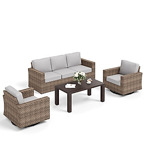 SUNSHINE VALLEY Swivel Glider 4 Piece Patio Furniture Set with Swivel Chairs, Patio Set with 4.92" Extra Wide Armrest, Wicker Patio Furniture with 26.3" Deep Seating and 5.5" Thick Cushions, Grey