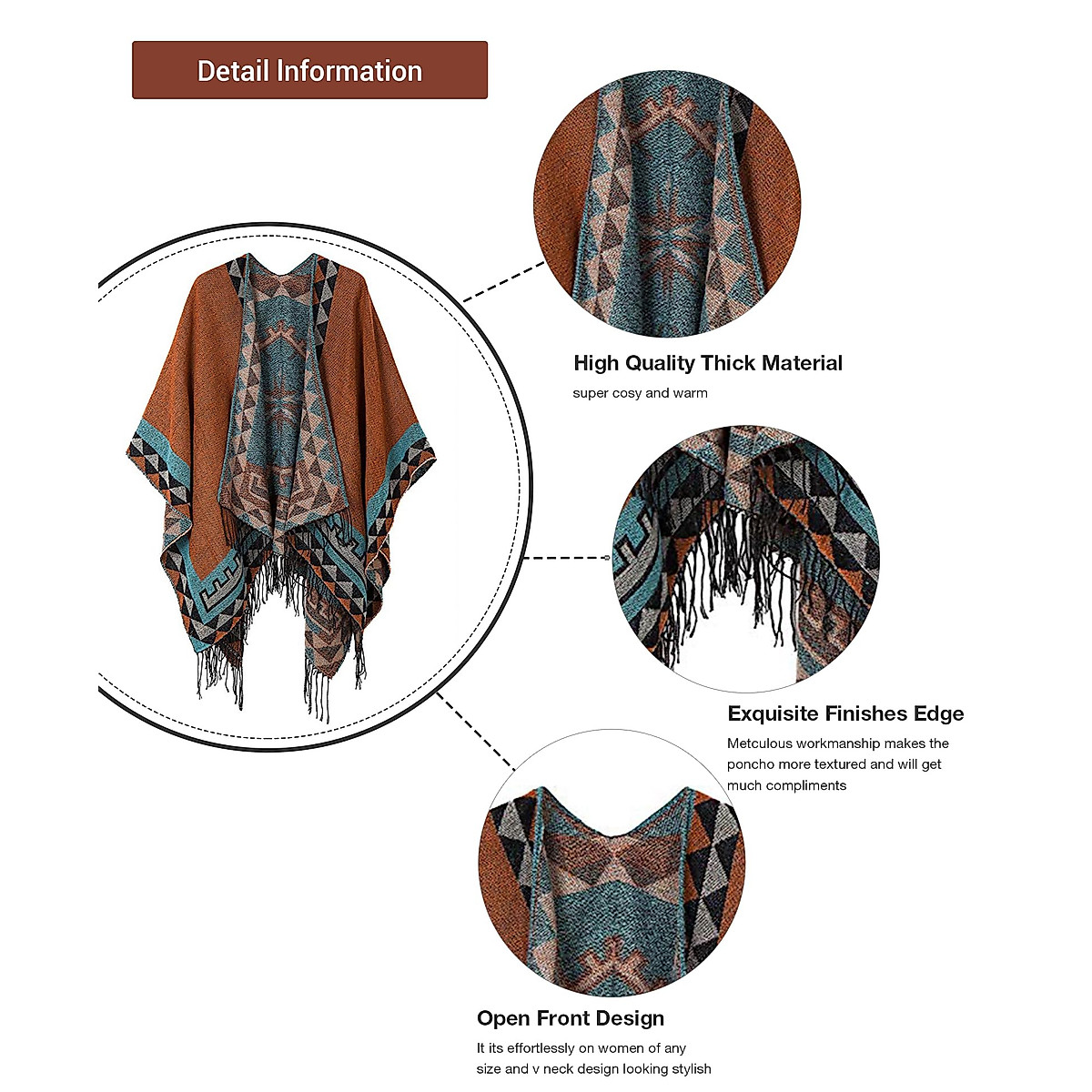 MissShorthair Women's Printed Shawl Wrap Fashionable Open Front Poncho Cape, Gift for Women