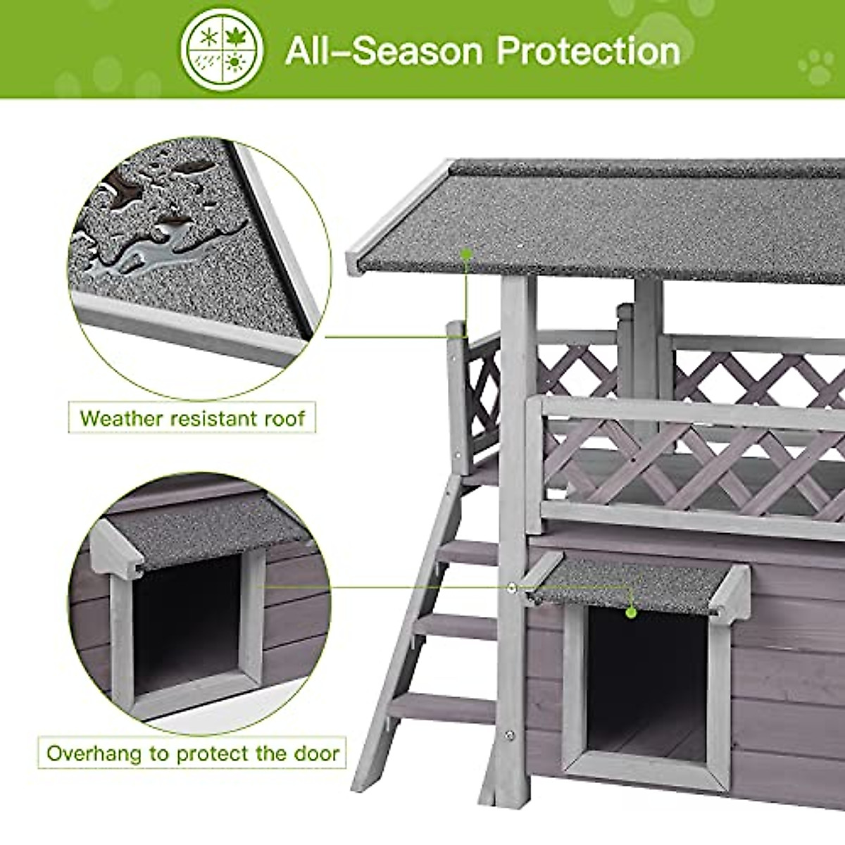 Cat House with Door for Feral Cats, Rainproof Outside Kitty House, 2 Story Wooden Kitten Condo with Stairs (AIR09-BS)