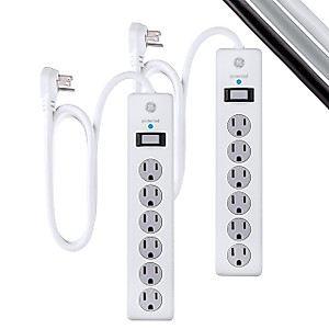 GE 6-Outlet Surge Protector, 2 Pack, 3 Ft Extension Cord, Power Strip, 800 Joules, Flat Plug, Twist-to-Close Safety Covers, Protected Indicator Light, UL Listed, White, 54629