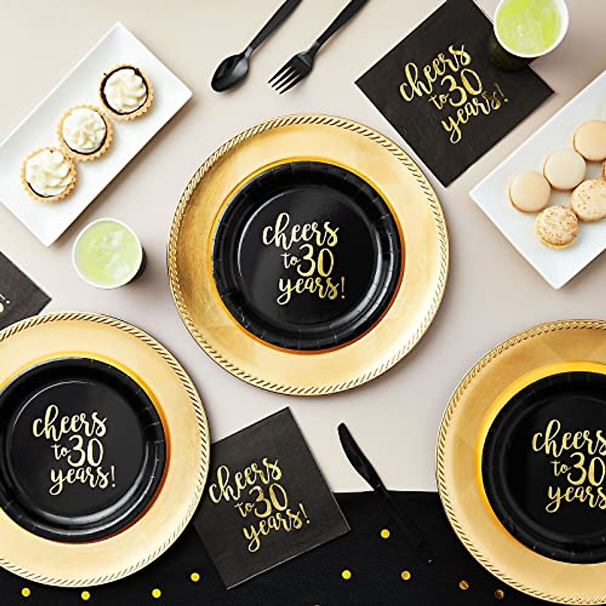 144-Piece Cheers to 30 Years Plates, Napkins, Cutlery, and Cups for Black and Gold 30th Birthday Party Supplies, Anniversary Decorations (Serves 24)