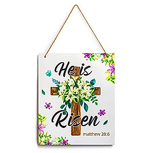 Easter He is Risen Door Sign, 9.8"x11.8" Cross Religious Hanging Wood Door Sign with Rope Rustic Decorations Door Hanging Sign for Wall Door Home Spring Decor