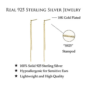 Reffeer Solid 925 Sterling Silver Tassel Chain Dangle Earrings for Women Teen Girls Long Dangle Drop Earrings Minimalist (B-18K Gold)