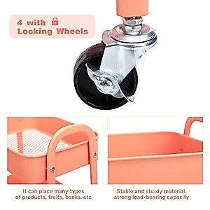 AGTEK Makeup Cart, Movable Rolling Organizer Cart, 3 Tier Metal Utility Cart with Lockable Wheels for Home & Office, Pink Orange