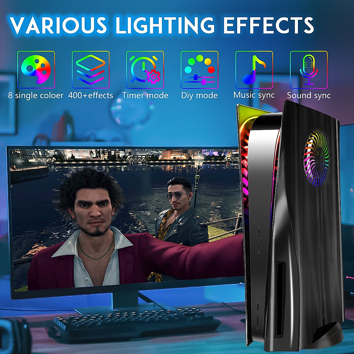 SIKEMAY PS5 Accessories PS5 Plates with RGB LED Light Strip, Console Cover Face Plates Side Shell with Cooling Vents, PS5 Lights 8 Color 400+Effects Kit, Custom Dust Skin - Plating Black