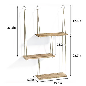 Fixwal Hanging Shelves for Wall, 3 Tier Boho Wall Decor Plant Rack Floating Shelves Rope Rustic Wood Organizer Storage Hanger for Aesthetic Home Bedroom Kitchen Bathroom- Rustic Brown