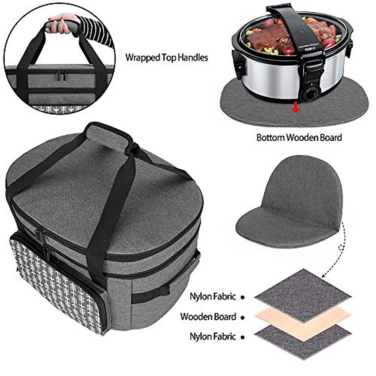 YARWO Slow Cooker Travel Bag with Bottom Board Compatible with Crock-Pot and Hamilton Beach 6-8 Quart Oval Slow Cooker, Double Layers Slow Cooker Carrier, Gray with Arrow (Bag Only, Patent Pending)