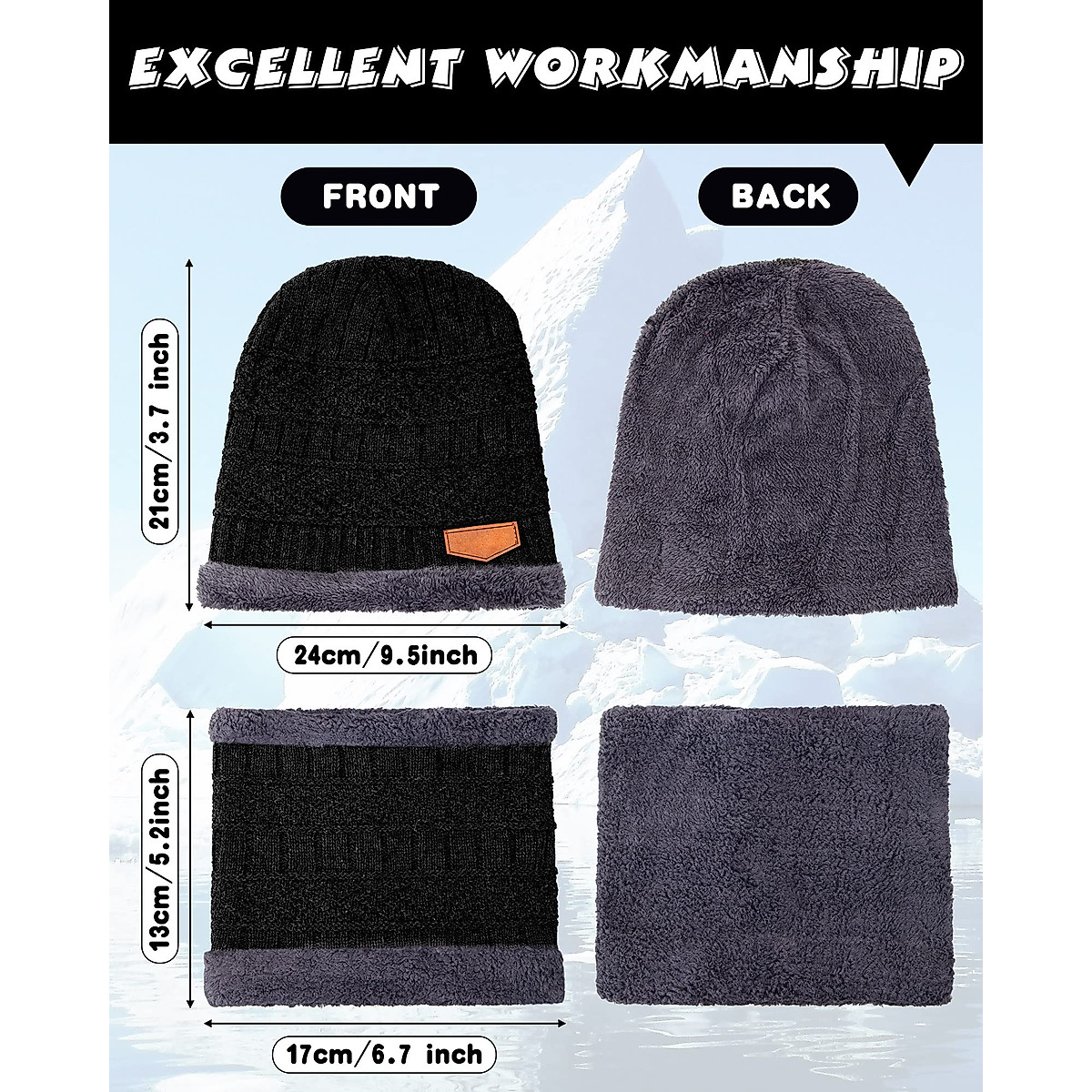 10 Pieces Winter Hat Beanie Scarf Touch Screen Gloves and Sock Set Slouchy Knit Skull Cap Beanies Fleece Lining Neck Warmer (Black, Gray)