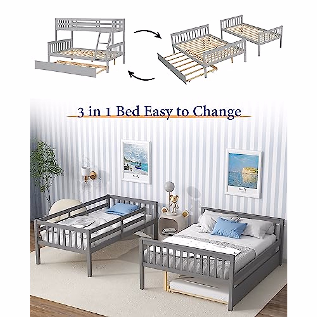 Tatub Twin Over Full Bunk Bed with Trundle, Solid Pine Wood Frame and Ladder with Guard Rails for Kids, Teens, Boys and Girls, No Box Spring Needed, Bunk Bed Grey