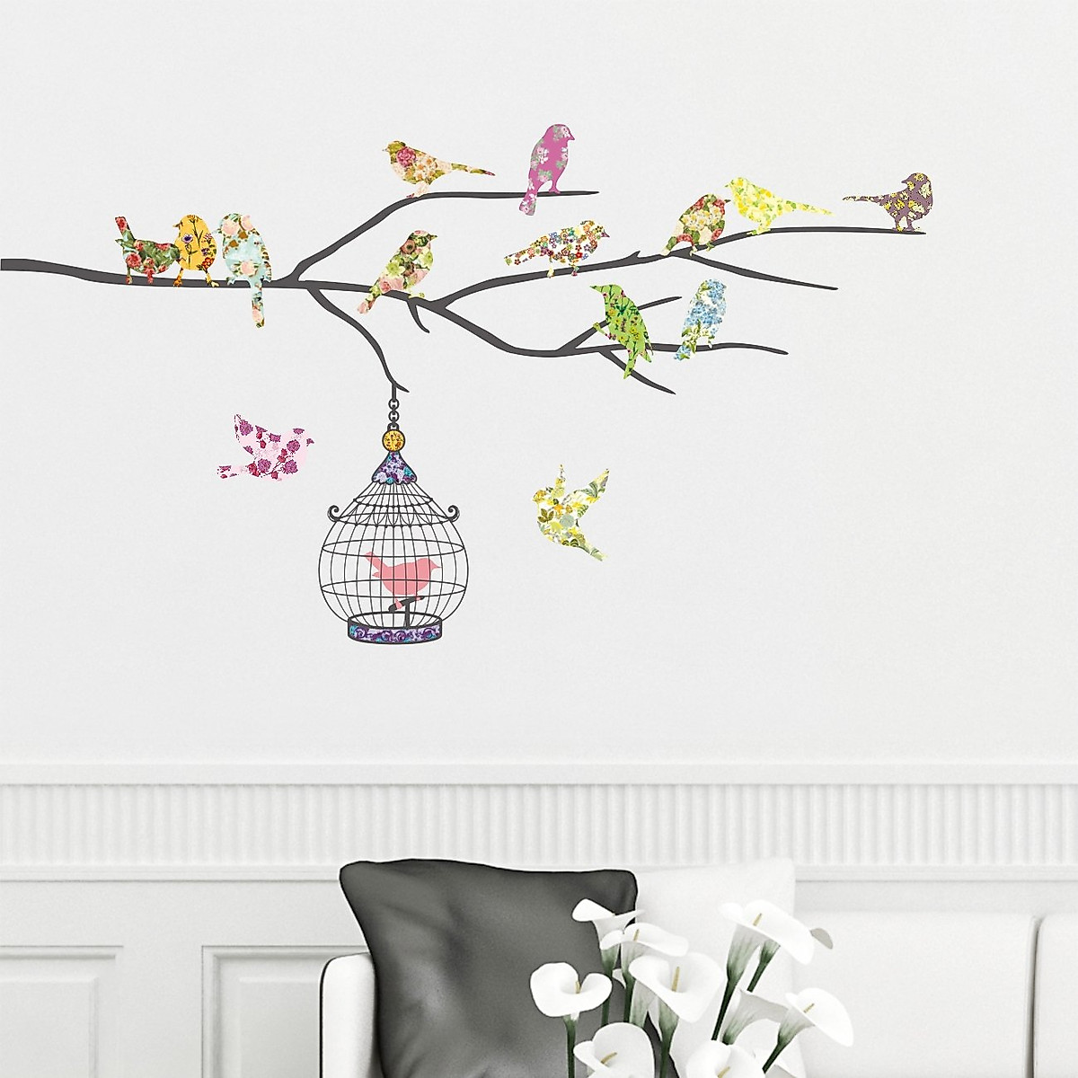 DECOWALL DW-1202 14 Birds on a Branch Kids Wall Stickers Wall Decals Peel and Stick Removable Wall Stickers for Kids Nursery Bedroom Living Room
