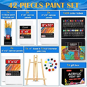 ESRICH Acrylic Paint Canvas Set,42 Piece Professional Premium Paint Kit with 1 Wood Easel,24Colors,10 Brushes,6 Canvases, Painting Supplies Kit for Kids,Students, Artists and Beginner