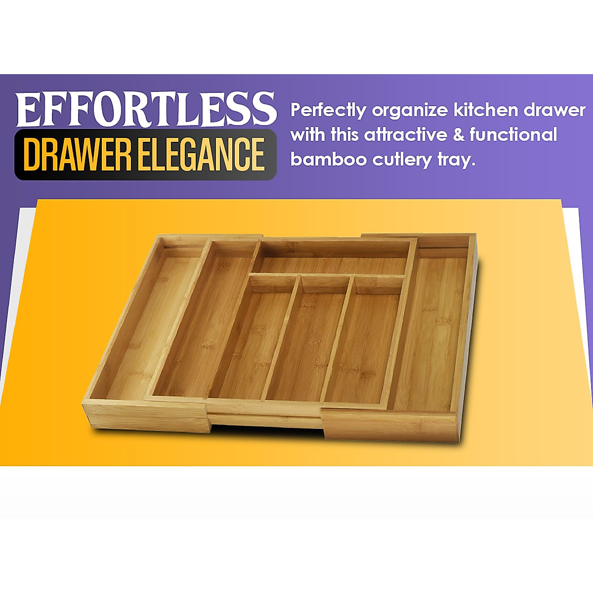 YBM Home Bamboo Cutlery Tray Flatware Silverware Drawer Organizer with 6 Compartments - 341