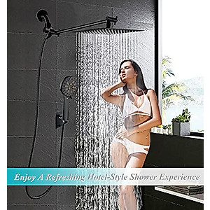 Rainfall Shower Head Combo, 12'' High Pressure Square Rain Shower with 6-Function Adjustable Spray Handheld with 13'' Extension Arm and 78'' Hose, Water Temperature Reminder, Matte Black, AWAXFOLO