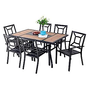 PHI VILLA 7 Piece Outdoor Dining Table Set, 61"x37" Rectangular Dining Table with Wood Top & 1.56” Umbrella Hole and 6 Metal Chairs for Patio, Deck
