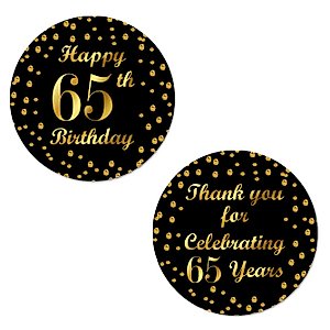 65th Birthday Round 2 Inch Big Glossy Stickers, Thank You for Celebrating 65 Years Black and Gold Labels, Great for Party Favors, Decorations, Tags, Gift Bags and Supplies. Made in USA